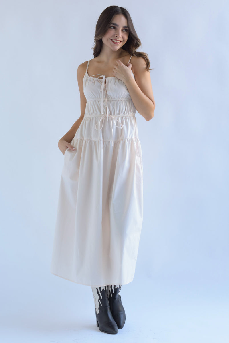 Vestido pecho drapeado lazos Ivory – Fashion Styled